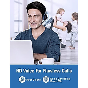 Calhuber Wireless Truck Driver Cell Phone Headset with Microphone, cVc6.0 Noise Cancelling for Clear Call, Bluetooth 5.0, Up Black