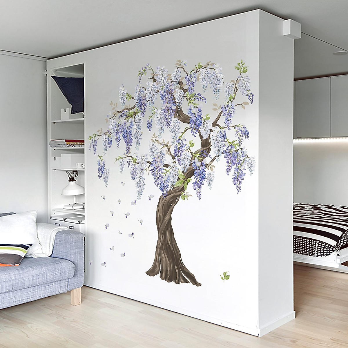 wondever Purple Flower Tree Wall Stickers Large Tree Hanging Wisteria Floral Peel and Stick Wall Art Decals for Bedroom Living Room Sofa TV Background