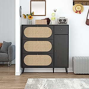 Pvillez Shoe Storage with Flip Drawers,NaturalRattan Shoe Cabinets,Shoe Organizer Rack w Wooden Shoe Organizer for Entryway/Bedroom/Living Room/Apartment,Free Standing