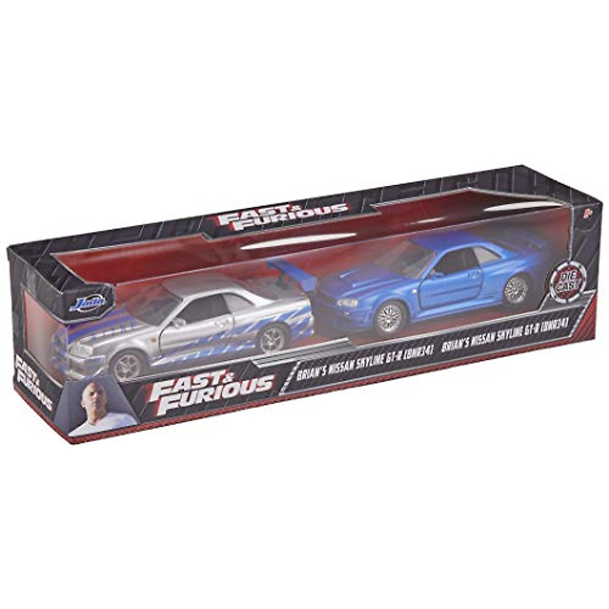 Fast & Furious Brian's Nissan Skyline GT-R R34 Silver & Nissan GT-R R34 Blue 1:32 Die - cast Car, Toys for Kids and Adults