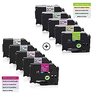 COLORWING Compatible Label Tape Replacement for Brother Ptouch TZe TZ Tape 0.47" x 26.2' Berry Pink/Pastel Pink/Pastel Purple/Pastel Blue/White/Clear/Pink/Lime Green/Lemon Yellow/Mint Green, 10 Pack