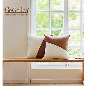 GEGELICA Faux Leather Patchwork White Linen Throw Pillow Covers Modern Minimalist Farmhouse Solid Boho Decorative Pillow Covers for Couch Living Room Bedroom Set of 2 18X18 Inch Brown and Cognac