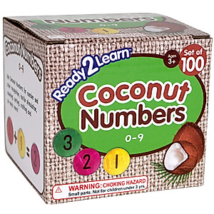 READY 2 LEARN - CE10006 Coconut Numbers - Set of 100 - 0-9 - 5 Colors - Natural, Hand Made Counters for Kids - Math Manipulatives