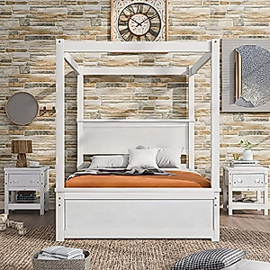 Bellemave Full Size Wood Canopy Bed with Trundle and Two Nightstands, 4-Post Platform Frame Headboard, 3 Pieces Bedroom Set (Brushed White) Full Canopy Bed+2 Nightstands