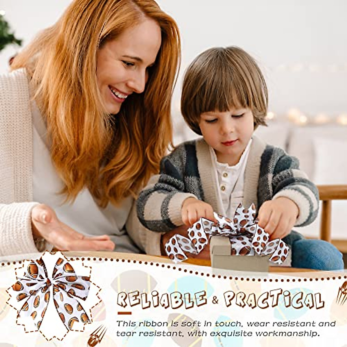 Football Wired Ribbon 2 Rolls 20 Yards Football Printed Wired Ribbon 2 Inches Wide Football Ribbon Football Wired Edge Ribbon for DIY Crafts Wreath Bow Package Wrapping Supplies, White Brown Black