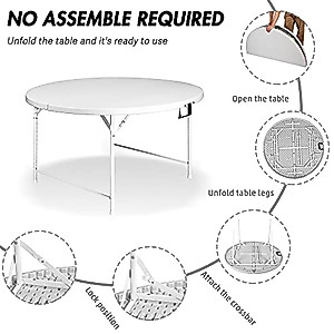 Vilobos Round Folding Table, 4.4-Foot 53” Dia Portable Plastic Table Comfortable for 6 to 8 Seat, Party Banquet Table for Conference Card Camping Wedding Dining Outdoor Picnic Family Festival Events