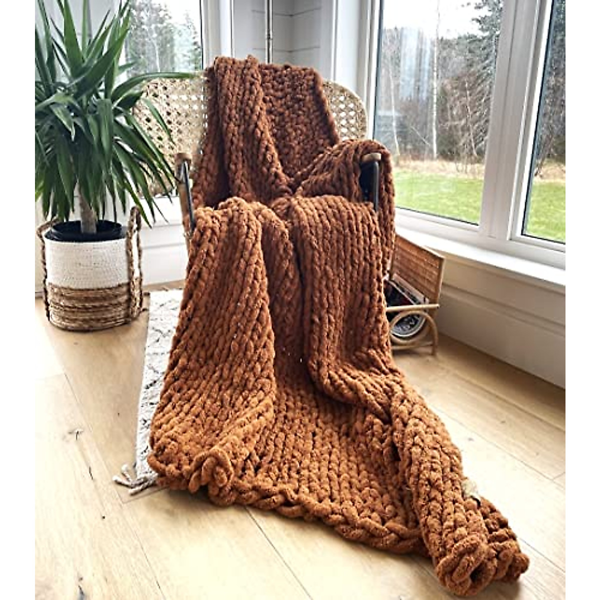 White Oak Village Large Chunky Knit Blanket 50x70; Boho Throw; Tight Braid Cable Knit Throw for Sofa Throw for Bed; Chenille Weighted Blanket 4.5lbs Farmhouse Decor (Deep Ginger)
