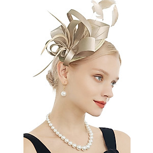 Fascinator Hats For Women Feather Cocktail Party Hats Bridal Kentucky Derby Headband (Light Khaki)