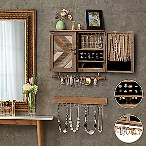 Sunix Wooden Jewelry Organizer Wall Mounted Rustic Jewelry Holder with Wooden Barn Door for Necklaces Earrings Bracelets Ring, and Removable Bracelet Rod with Hooks Organizer for Hanging Jewelry
