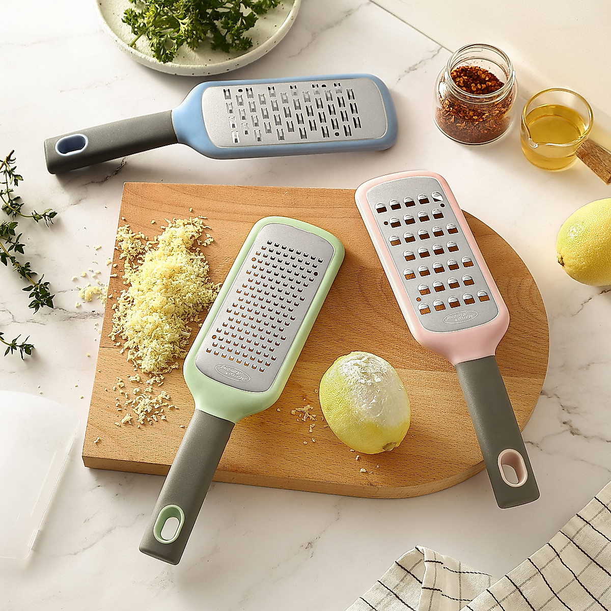 Marco Almond MA61 Cheese Graters Set of 4 + Marco Almond KYA47 Rainbow Titanium Serrated Stainless Steel Steak Knives Set of 8