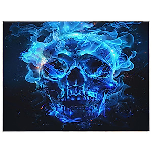 Generic Machine Washable Area Rug Non-Shedding & Easy Care Horror Theme, Skull, Blue Flames Rugs for Living Room, Dining, Kitchen, Office, Entryway, Bedroom, Hardwood Floor Decor 3ft x 5ft