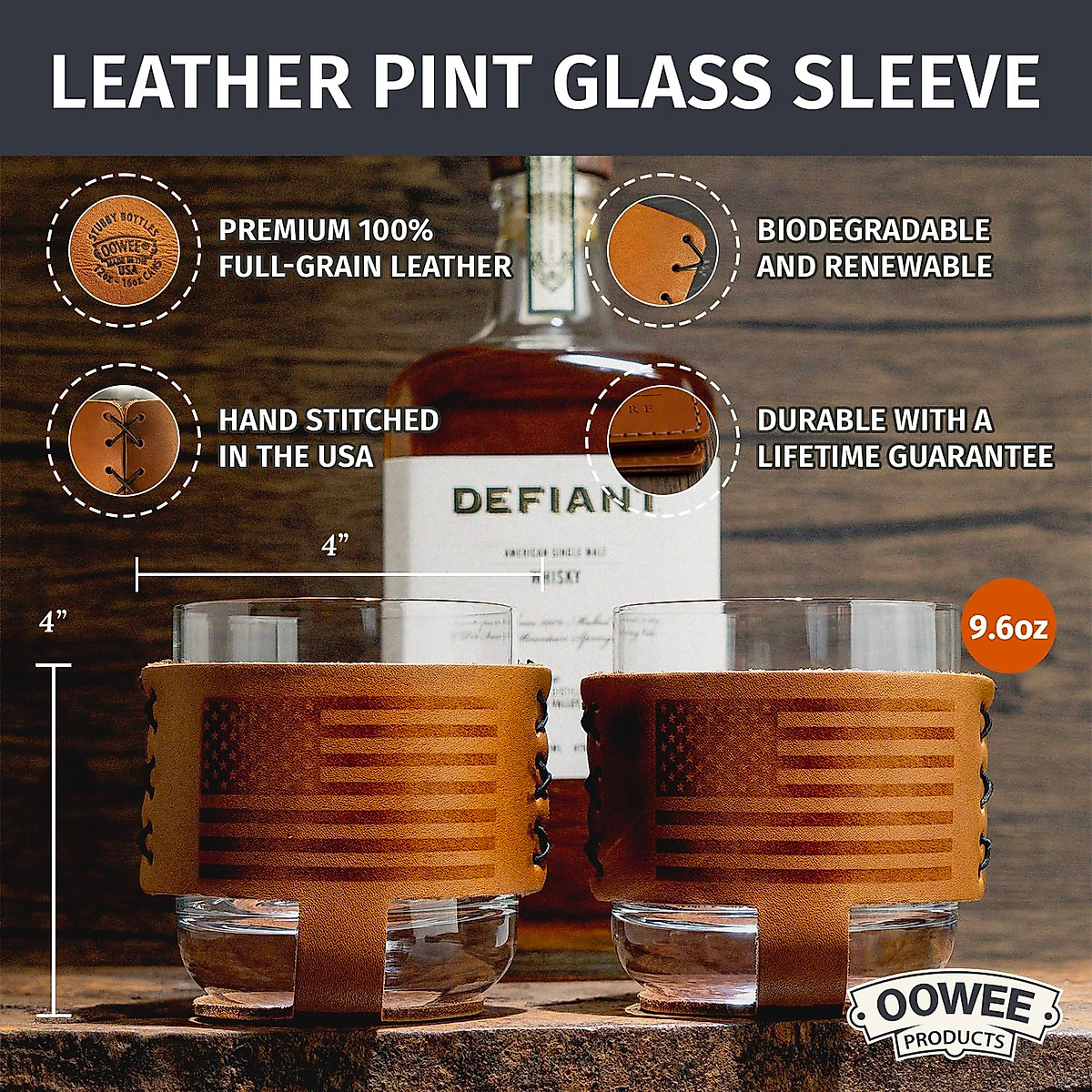 Oowee Genuine Leather Sleeve & Rocks Glasses - Set of 2 | 9.6 oz Whiskey Glasses & Old Fashioned Glasses | Great Gift for Men - Sleeve Made in the USA - American Flag