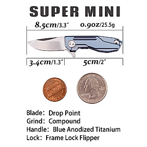 Samior HY002 Ultra Small Little Folding Pocket Flipper Knife, 1.3” D2 Damascus Blade, Blue Titanium Handle with Frame Lock, Mini EDC Keychain Necklace Knives (Blue)