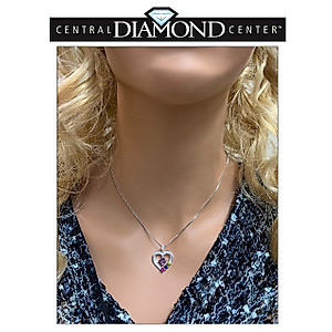 Central Diamond Center Mother & Child Heart Birthstone Necklace 1-6 Stones w/ 22" Adj. Box Chain -Silver Platinum Plated