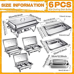 Hoolerry 6 Pcs Chafing Dish Buffet Set 9 Qt Stainless Steel Chafer Full Size Half Size 1/3 Size Chafing Food Pans Rectangular Catering Warmer Set for Parties Banquet Wedding Serving Dining