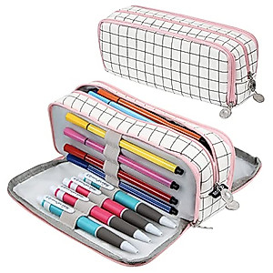 Chelory Big Capacity Pencil Case Large Storage Pencil Bag Pouch Marker 3 Compartment Stationery Pen Cases Holder for Adults Office Organizer Gifts (Plaid White)