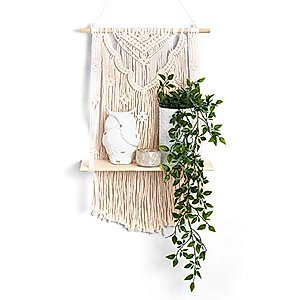 KALTEK Macrame Shelf with Flower Design | Boho Style with Floating Wood Shelf | Beautiful Handmade Macrame Shelf for Hanging Plants and Decor | Boho Wall Decor with Macrame Rope Shelving