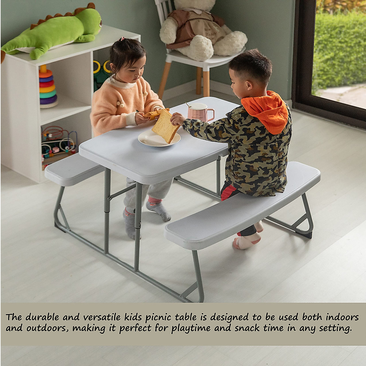 Gardenised Foldable White Kids' Picnic Table Bench Outdoor Portable Children's Backyard Table, Crafting, Dining, and Playtime Patio Table