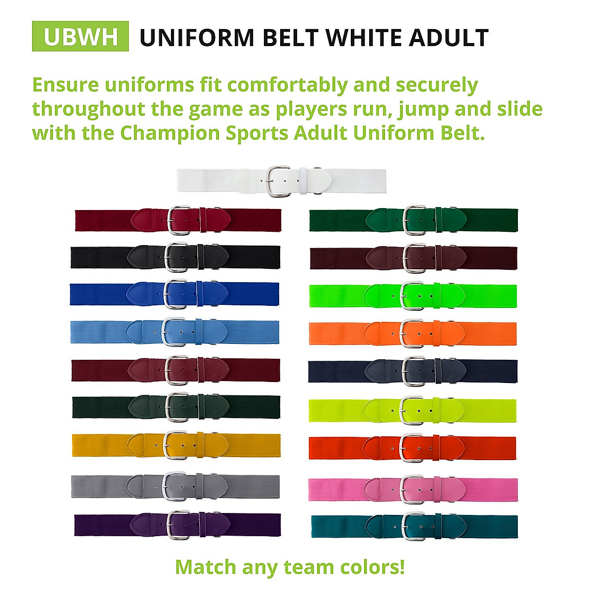 Champion Sports Baseball/Softball Uniform Belt - Comfort Stretch Fit Uniform Belt - Durable Syntex Tab - Youth: 18"-32" - White