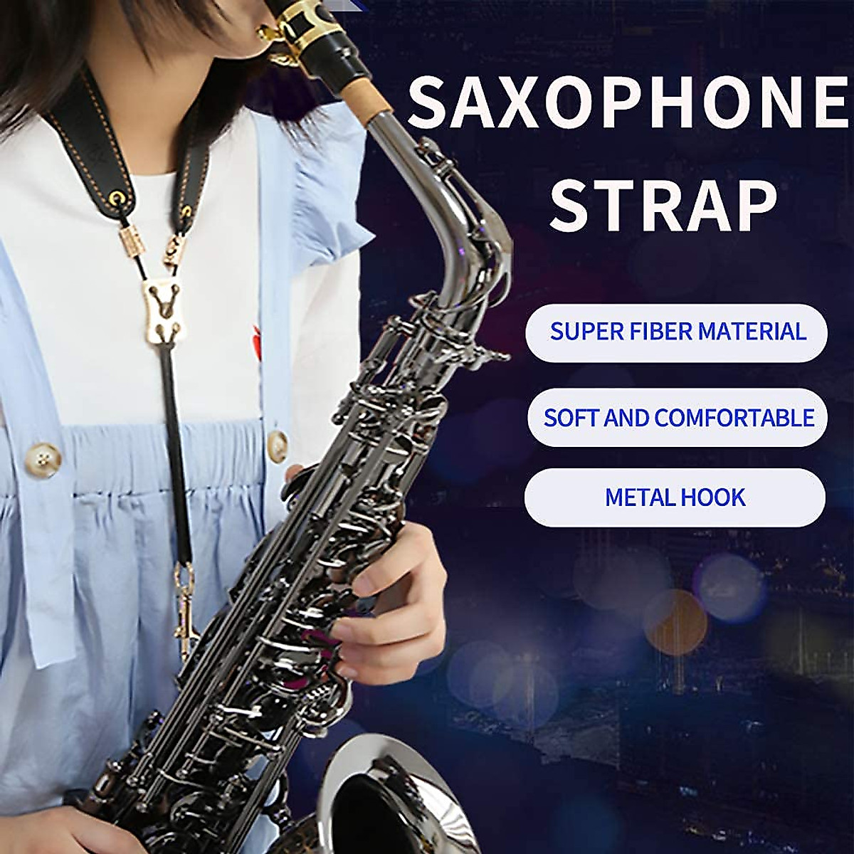 Saxophone Sax Black Neck Strap for Baritone Alto Tenor Soprano Sax,Super fiber,Metal Hook,Musical Instruments Accessories Parts