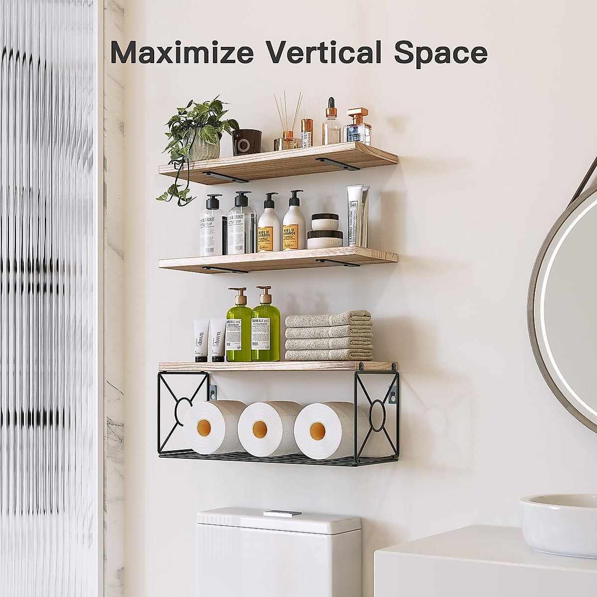 Amada Bathroom Shelves Over Toilet with Storage Basket, Floating Shelves Wall Shelves for Home Organization & Wall Decor, Bathroom/Kitchen/Living Room Shelves–Natural Wood