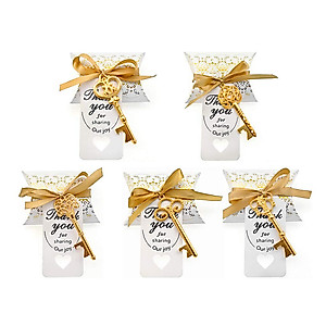 Kinteshun Wedding Party Favor Set,Skeleton Key Bottle Openers Candy Boxes Escort Tags and Ribbon Souvenir Gift Set(Gold Tone,50 sets with 5 Styles)