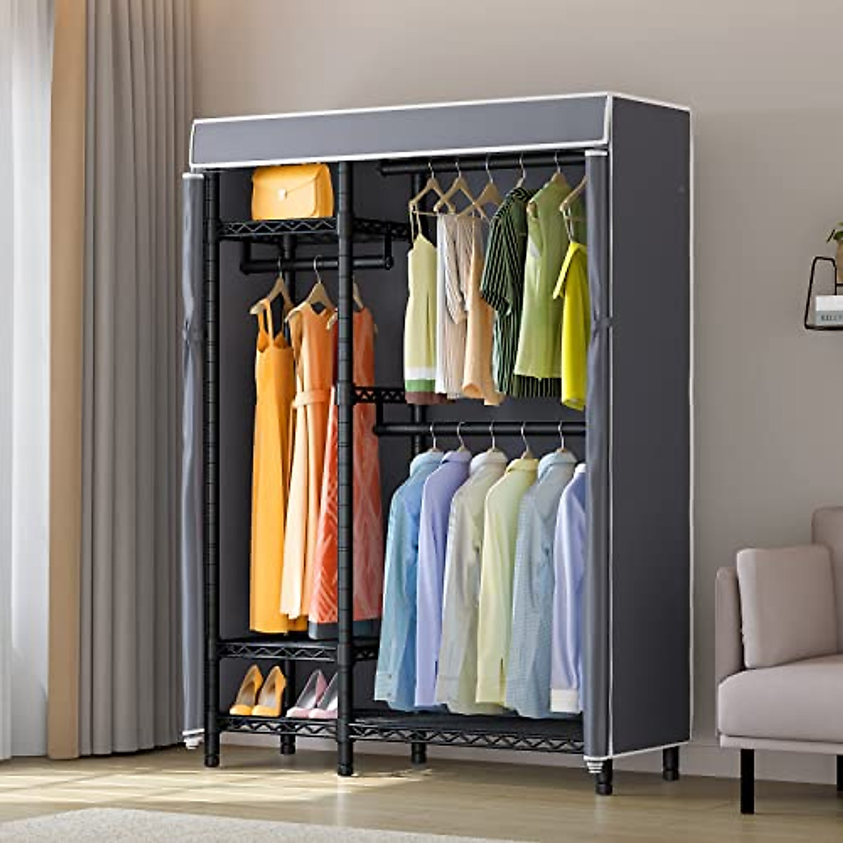 VIPEK V2C Heavy Duty Covered Clothes Rack for Hanging Clothes, Black Metal Clothing Rack with Gray Oxford Fabric Cover, Portable Closet Rack Freestanding Wardrobe Closet, 1 inch Rod, Max Load 650LBS