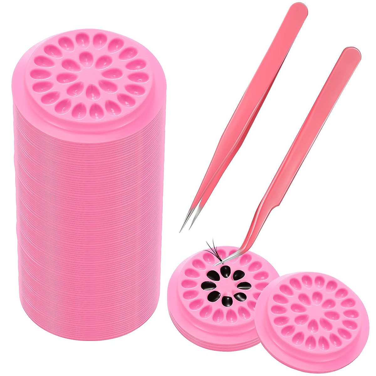200 Pieces False Eyelashes Glue Holders Pink Flower Shape Glue Pallet Pad with Straight and Curved Tip Tweezers for Eyelash Extension False Lash Application Tools
