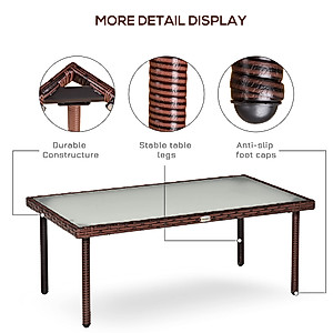 Outsunny Patio Wicker Dining Table, Outdoor Rattan Coffee Table with Glass Top for Garden, Patio, or Backyard, Deep Coffee