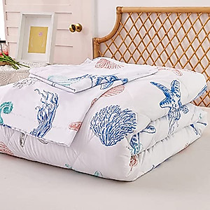JSD Beach Theme 2 Piece Twin Kids Comforter Set, Jellyfish Starfish Shell Printed Comforter with Pillow Sham, Soft Comfortable Machine Washable