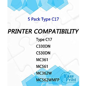 (5-Pack, 2X BK+C+M+Y) Compatible OKI C330 Type C17 Toner Cartridge Used for Okidata 44469801 Black 44469703 Cyan 44469701 Yellow 44469702 Magenta C310dn C330 C530 C531d MC562 Printer, by EasyPrint