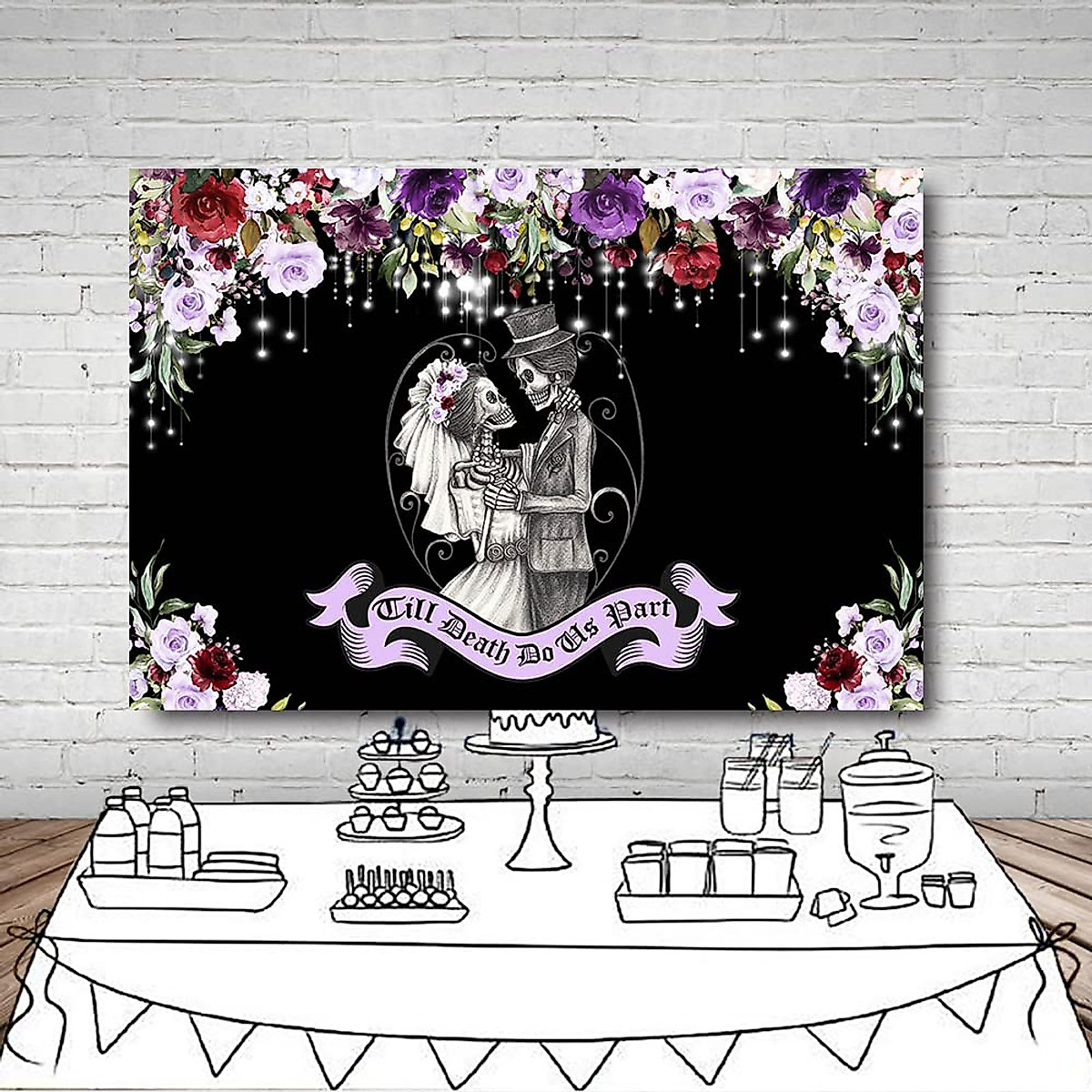 MEHOFOND 7x5ft Halloween Till Death Do Us Part Backdrop for Spooky Wedding Gothic Bridal Shower Background Violet Floral Mr and Mrs Bride and Groom Skull Anniversary Party Decorations Photo Props