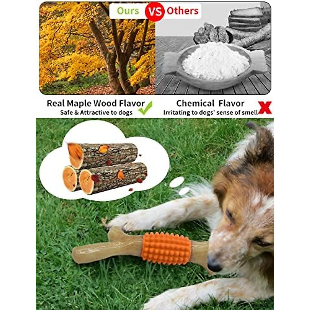 SCHITEC Dog Chew Toy for Aggressive Chewers, Tough Big Nylon & Rubber Teething Stick with Real Bacon Maple Wood Flavor for Large Medium Breed
