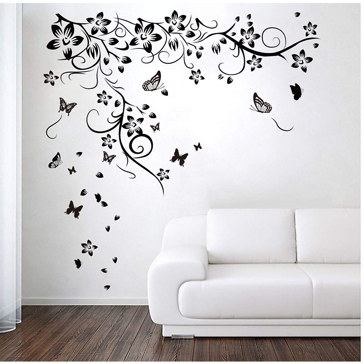 Runtoo Black Flowers Vine Wall Decal Floral Butterfly Wall Stickers Living Room Bedroom Wall Decor