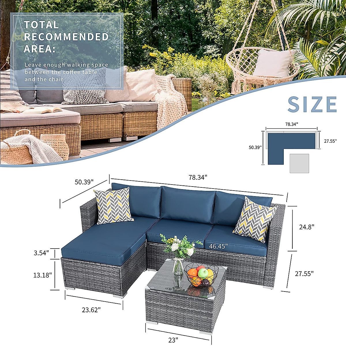 SUNLEI Outdoor Furniture Patio Sets,Low Back All-Weather Small Rattan Sectional Sofa with Tea Table&Washable Couch Cushions&Upgrade Wicker(Silver Rattan) (Aegean Blue)