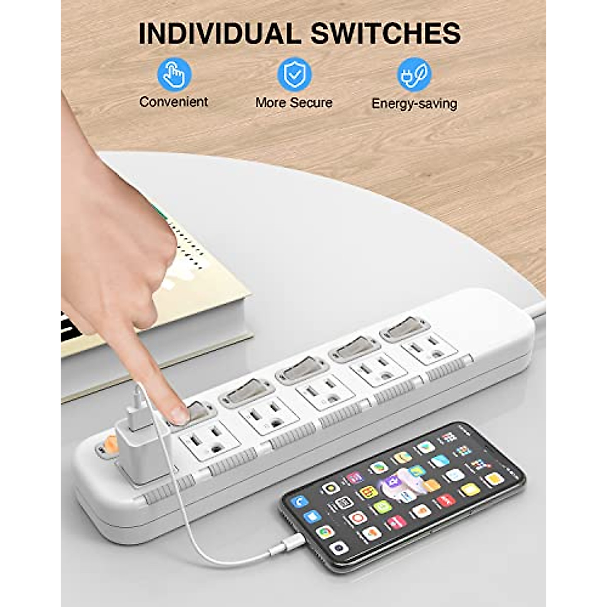KRR Power Strip Independent Switches, Extension Cord 6 feet, 6 Outlets, 300J Surge Protector