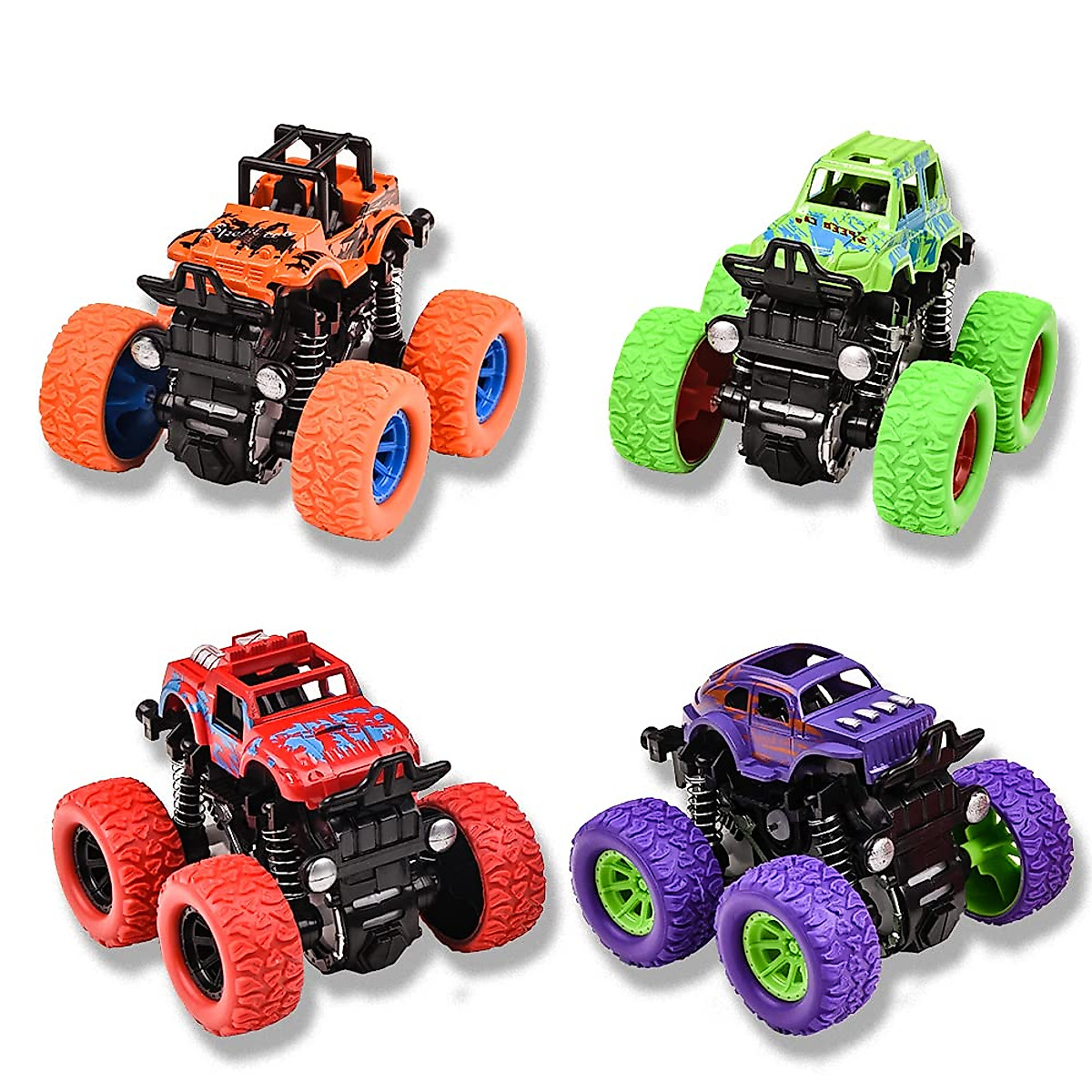 Monster Trucks for Boys, 4 Pack Pull Back Vehicles Cars for Toddlers, 360° Rotation 4 Wheels Drive Durable Friction Cars Powered Push and Go Toys Truck Playset Gift for 3 4 5 6 7 8 Year Old Kids Girls