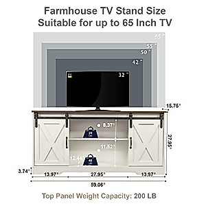JOYSOURCE Farmhouse TV Stand Wood Sliding Barn Doors Entertainment Center, Modern TV Stand for 60 Inch TV, Television Stands with Adjustable Shelves Living Room TV Console, White Rustic