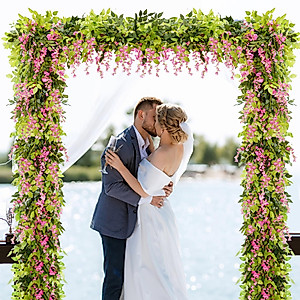 Dolicer 4Pcs 6.6Feet Artificial Flowers Silk Wisteria Garland Artificial Wisteria Vine Rattan Silk Hanging Flower for Home Garden Outdoor Ceremony Wedding Arch Floral Decor, Purplish Red