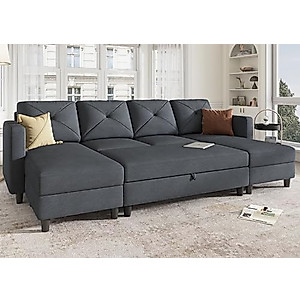 HONBAY Sectional Sleeper Sofa U Shaped Couch with Storage Ottoman for Living Room, Bluish Grey