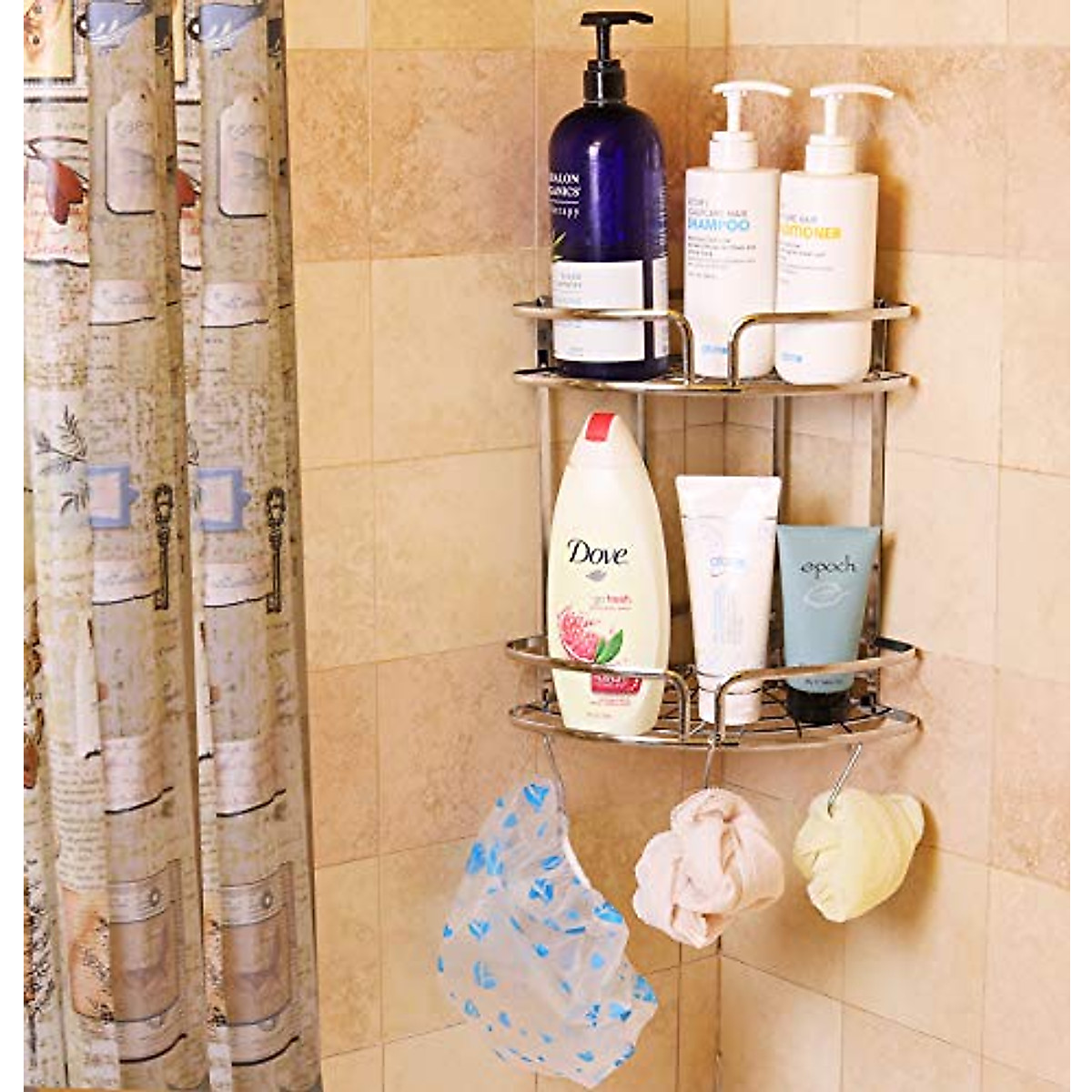 Simple Houseware 2-Tier Bathroom Corner Shower Caddy Organizer with Adhesive Wall Mount, Chrome