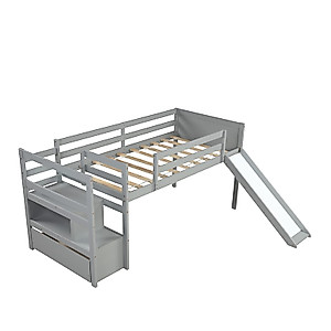 Low Loft Bed with Slide and Stairs Twin Loft Bed with Storage Wood Bed Frame for Kids Teens Girls Boys， Gray