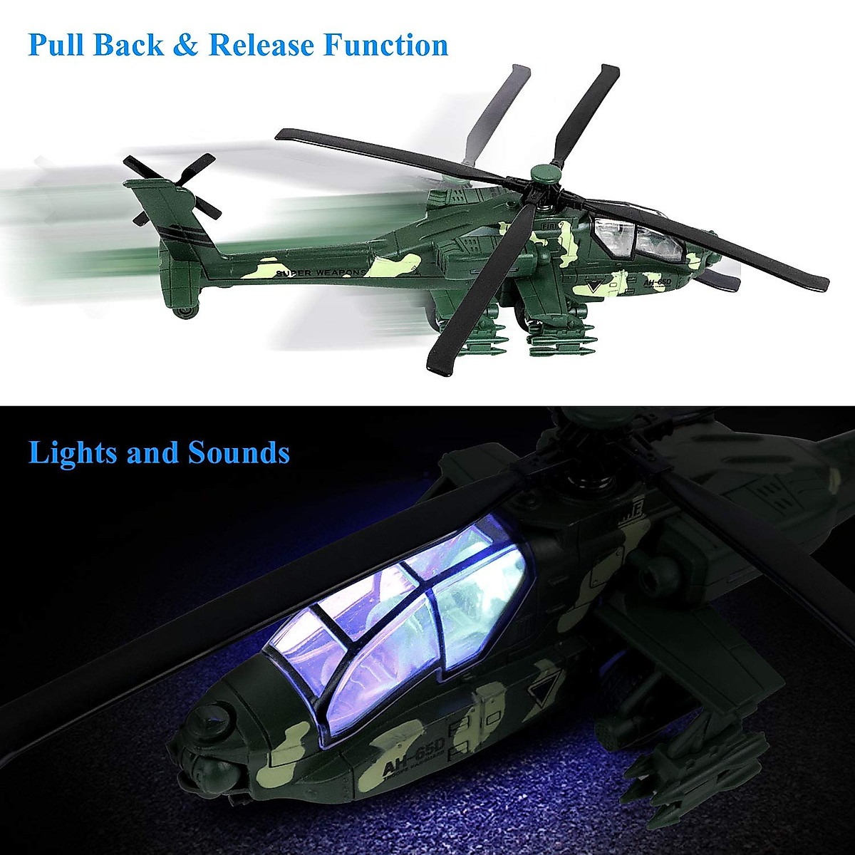 HAPTIME Military Helicopter Toy with Lights and Sounds, Pull Back Army Plane Airplane for Kids Children Boys Girls 11.2 inch (Green)