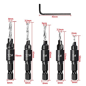 DAYREE 5PCS Countersink Drill Bit Set Wood Drill Bit Set Woodworking Tools #5, 6, 8, 10, 12