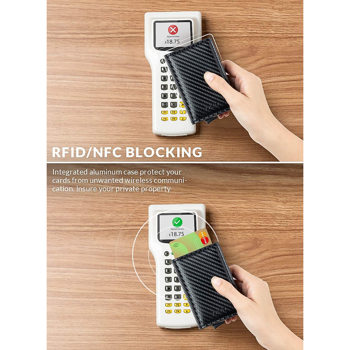 VULKIT Pop Up Wallet Automatic Leather Slim Credit Card Holder RFID Blocking Metal Double Card Case for Men and Women Carbon Fiber Black