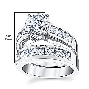 2 Carats Sterling Silver Bridal Set Cubic Zirconia Engagement Wedding Ring Bands with Round and Princess Cut
