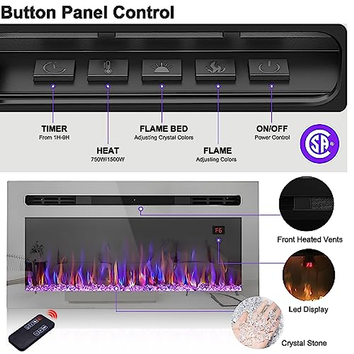Ooiior 31 Inch Electric Fireplace with Remote Control, Recessed and Wall Mounted Ultra-Thin Fireplace Heater and Linear Fireplace, with Timer, Adjustable Flame Color, 750/1500W