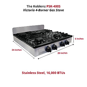 Koblenz PSK-400S 4 Portable Porcelain Cover and Four 16,000 BTU Burners, Stainless Steel Stove for Propane Gas, Silver