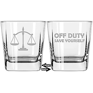 MIP Brand 12 oz Square Base Rocks Whiskey Double Old Fashioned Glass Two Sided Scales of Justice Lawyer Paralegal Off Duty Save Yourself