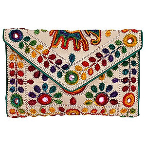 Rajasthani Jaipuri Art Sling Bag Foldover Clutch Purse (Green With Golden Front)- Quality Checked